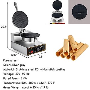 Banfluxion Nonstick Single Ice Cream Cone Maker with Time & Temperature Dual Control 110V Commercial Ice Cream Cone Maker with Shaper Roller Temperature Adjustable 50-250℃