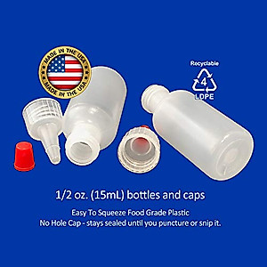 510 Central Yorker Squeeze Bottles (1/2oz, 12 Pack) Boston Round with Red Tip Caps - LDPE Plastic - Made in USA