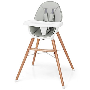HONEY JOY Baby High Chair, Eat & Grow Beech Wooden Highchair for Babies and Toddlers, Removable Double-Layer Food Tray, 5-Point Harness, PU Cushion and Footrest for Infants Boys Girls (Gray)