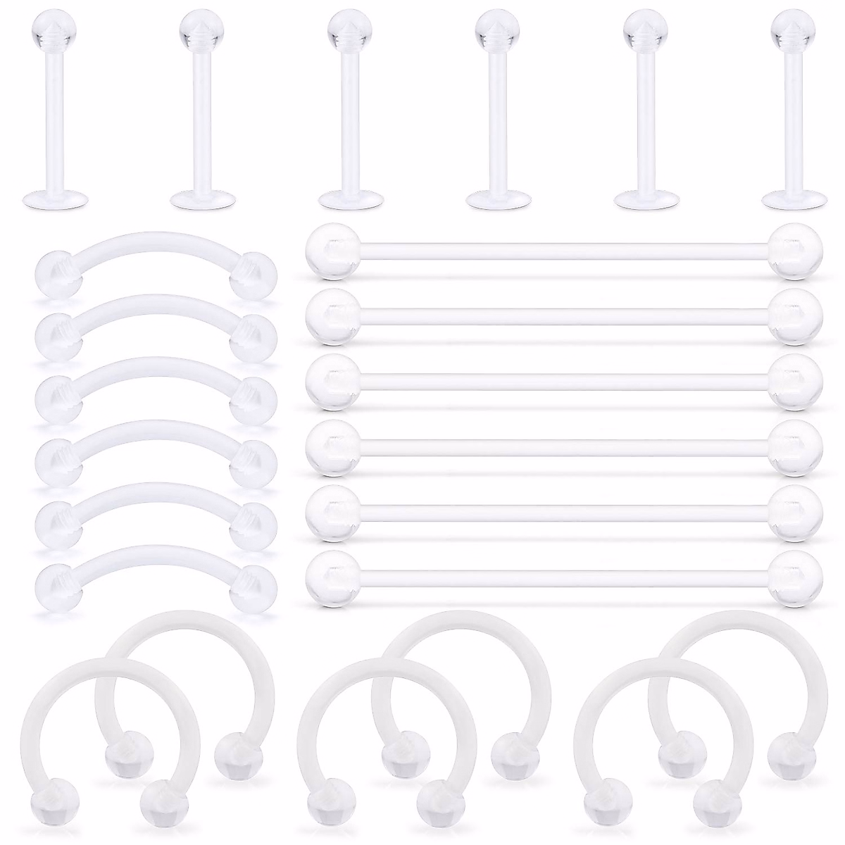 Hoeudjo Clear Cartilage Earrings Piercing Retainers 24Pcs Flexible Acrylic Helix Hoop Bioflex Nose Lip Stud Eyebrow Tragus Septum Horseshoe Rings Body Jewelry for Work