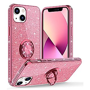 OCYCLONE for iPhone 13 Case, Glitter Sparkle Diamond Cover with Ring Stand Protective Phone Case Compatible with 6.1 inch iPhone 13 Case for Women Girls - Pink