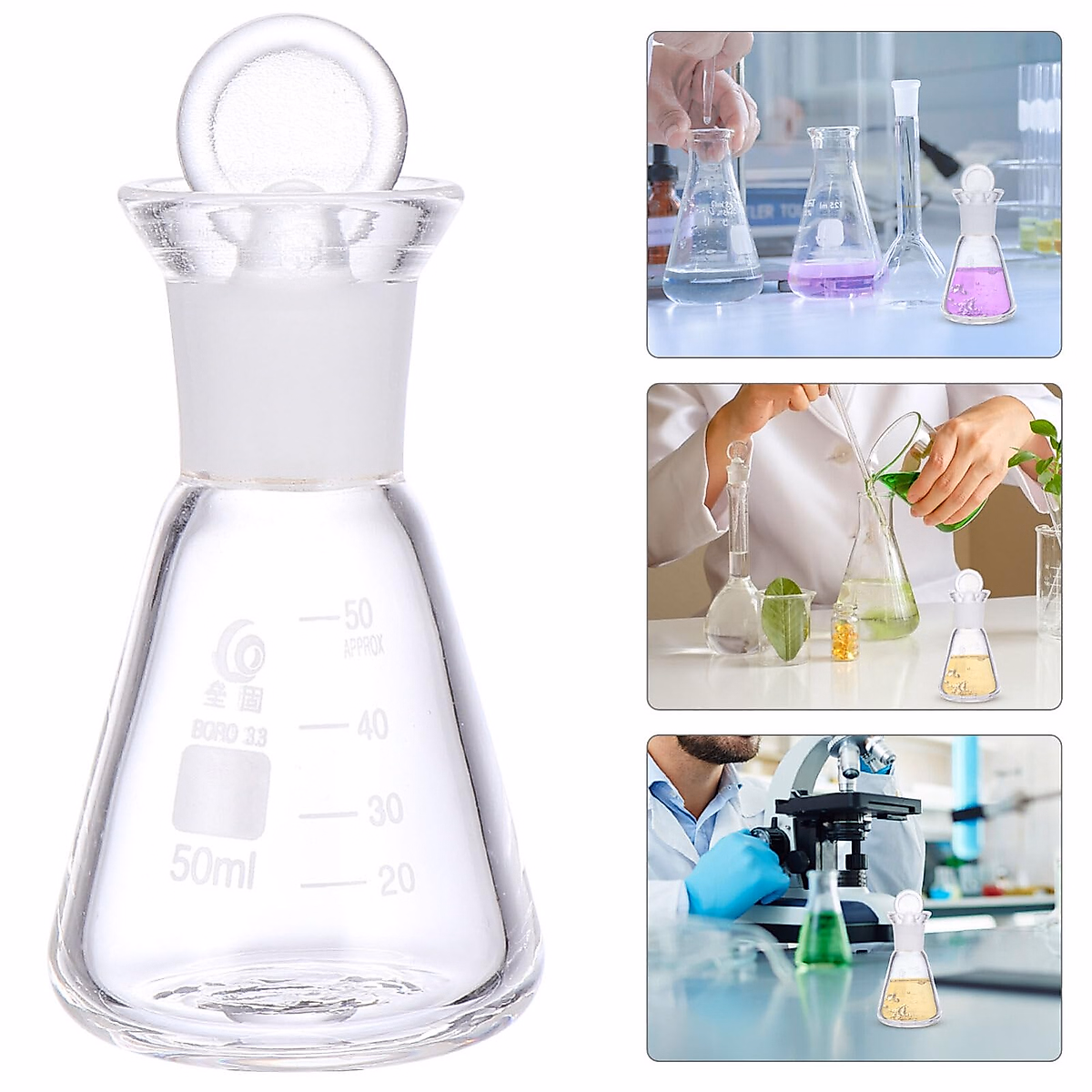 Clear Glass Glass Erlenmeyer Flask, 50ml Narrow Mouth Borosilicate Glass Graduated Conical Flask with Glass Stopper for Experiment, Lab Beaker