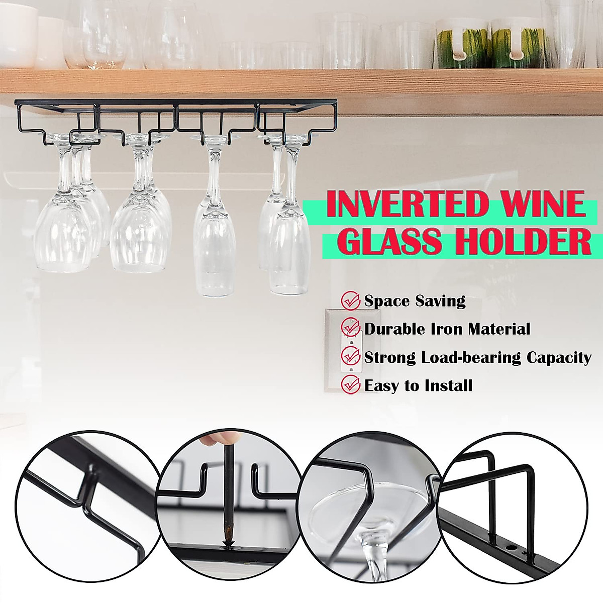 AMUFYSHH 3 Rows Wine Glass Rack for Under Cabinet, 2 Packs Stemware Racks, Hanging Wine Glasses Metal Rack, Storage Hanger Organizer for Kitchen Cabinet Bar (DOUBLE)