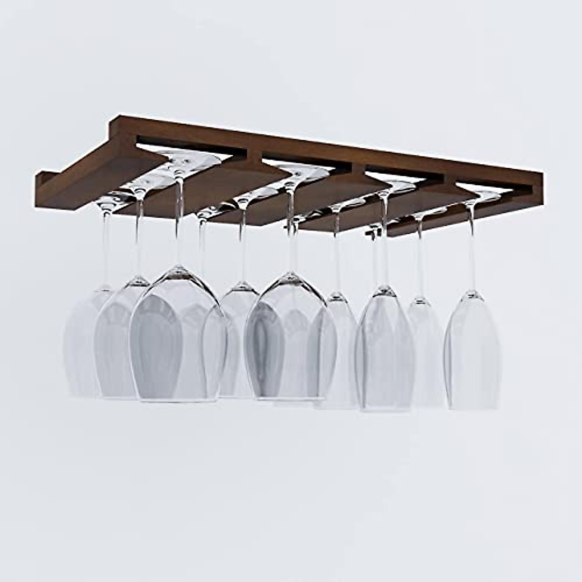 Rustic State Eze 4 Sectional Adjustable Wood Under Cabinet Wine Glass Holder Wine Glass Rack Hanging Shelf Stemware Bar Organizer - 12 Wine Glass Storage - 10 Inch Deep - Chestnut Stained