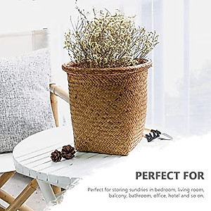 Alipis Seagrass Waste Basket Wicker Trash Can Woven Garbage Bin Laundry Hamper Rattan Plant Pot Rustic Storage Basket Rubbish Recycling Container for Kitchen Home Office