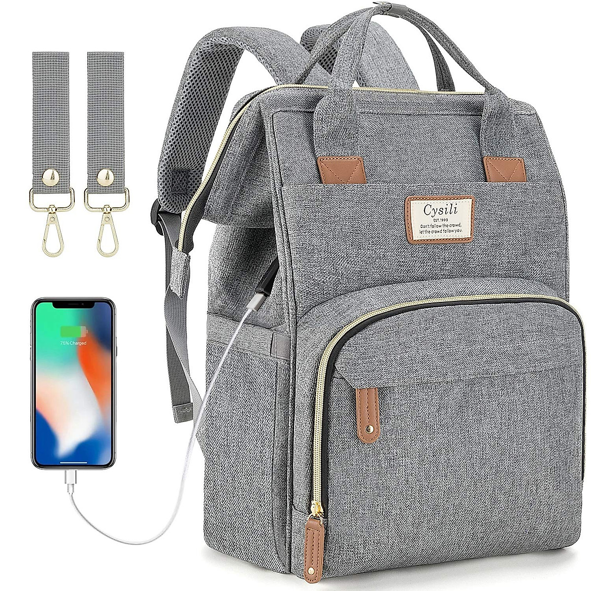 FANCYOUT Diaper Bag Backpack with USB Charging Port and Stroller Straps, Maternity Nappy Bag with Insulated Feeding Bottle Pocket (Grey)