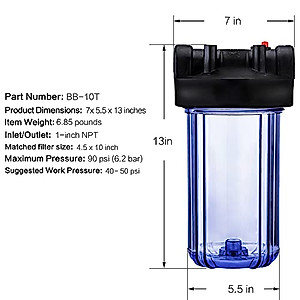 Geekpure Whole House Water Filtration System with 10-Inch Big Clear Housing with 4.5"x 10" 5 Micron PP Sediment Filters-1"NPT Inlet/Outlet
