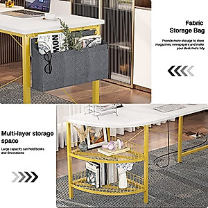 Unikito L Shaped Desk with Power Outlet, 98.4" Reversible Corner Computer Table with Storage Shelves and Bag, Modern 2 Person Large Long Desk for Home Office Writing Study Workstation, White