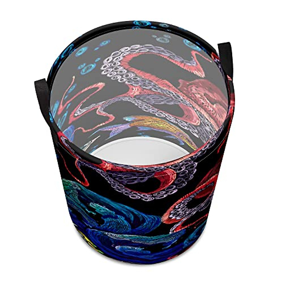 Laundry Basket Hamper with Handles Ocean Octopus Waves Fish Canvas Freestanding Dirty Clothes Hampers Waterproof Lightweight Large Storage Basket for Bedroom Dorm Clothes Towels Toys Organizer