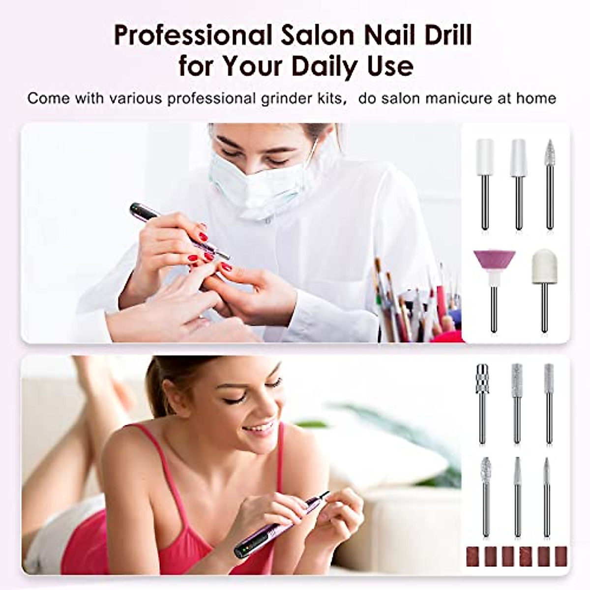 Cordless Nail Drill Electric File: Professional for Acrylic Gel Dip Powder Nails Portable Nail Drill Machine Kit for Manicure Pedicure Nail Set with Everything Rechargeable Lightweight