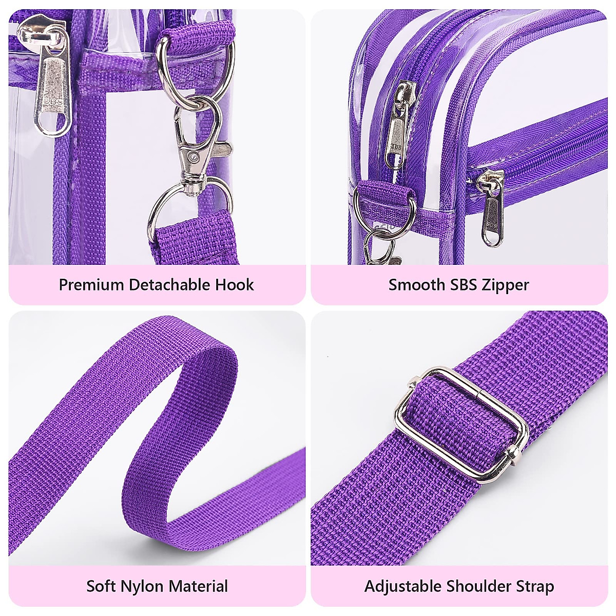 Mossio Clear Crossbody Bag Stadium Approved, Transparent Messenger Shoulder Bag for Concert, Beach, Travel & Sporting Purple