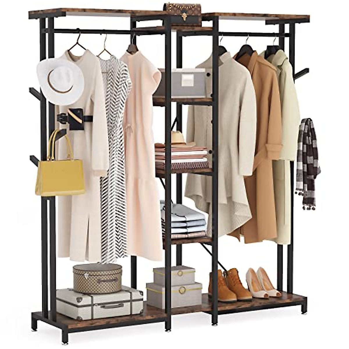 Tribesigns Extra Large Closet Organizer with Hooks, Free-Standing Closet Clothes Rack with Shelves and Hanging Rod, Heavy Duty Industrial Clothing Shelf Closet Storage System for Bedroom (rustic)