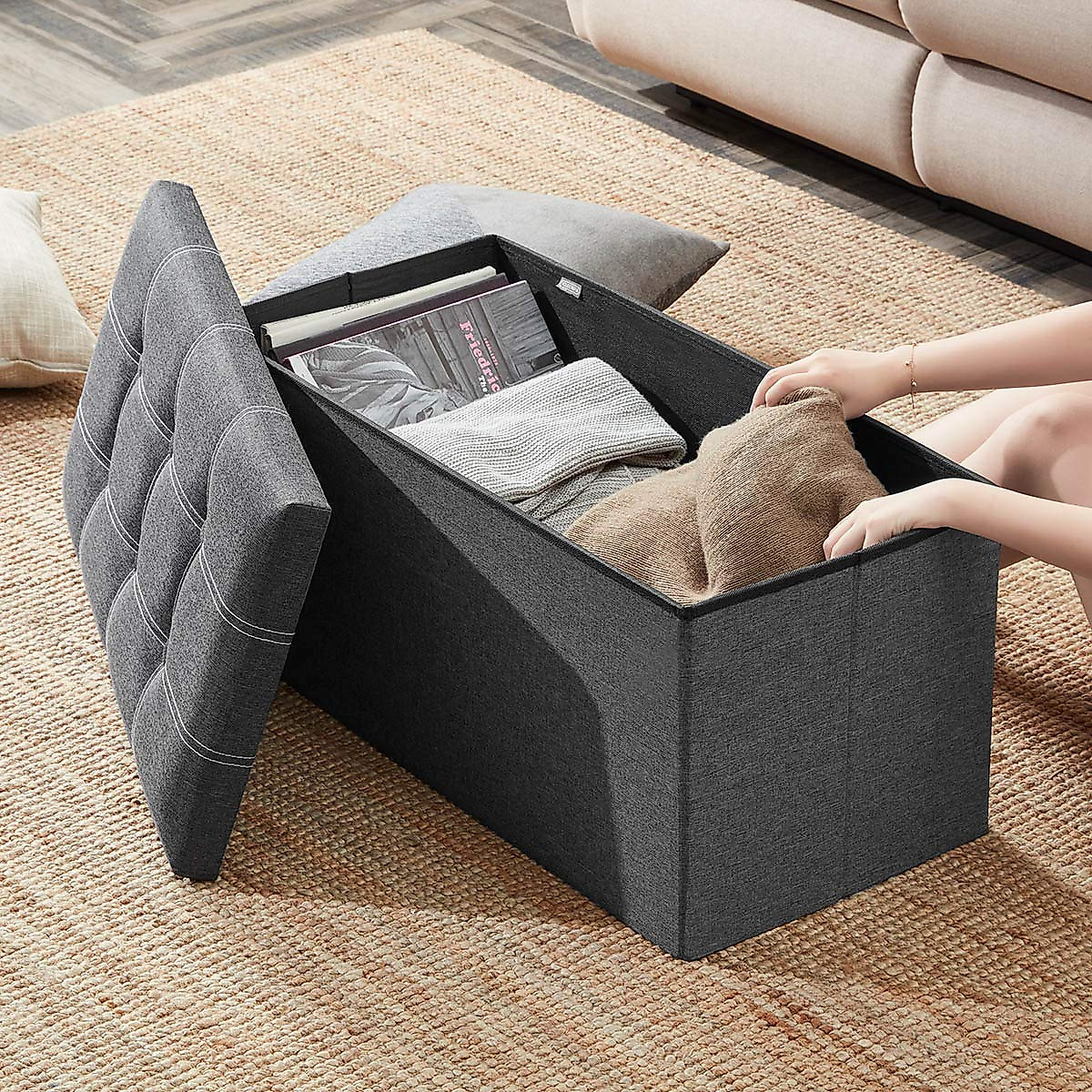 YOUDENOVA 30 inches Folding Storage Ottoman, Ottoman with Storage Footrest Seat Support 350lbs, Storage Bench for Living Room Bedroom, Linen Fabric Grey