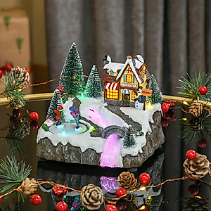 HOMCOM Christmas Village, Rotating Skating Pond Animated Winter Wonderland Set with Multicolored LED Light, Music, Fiber Optic, Battery-Operated Christmas Decoration