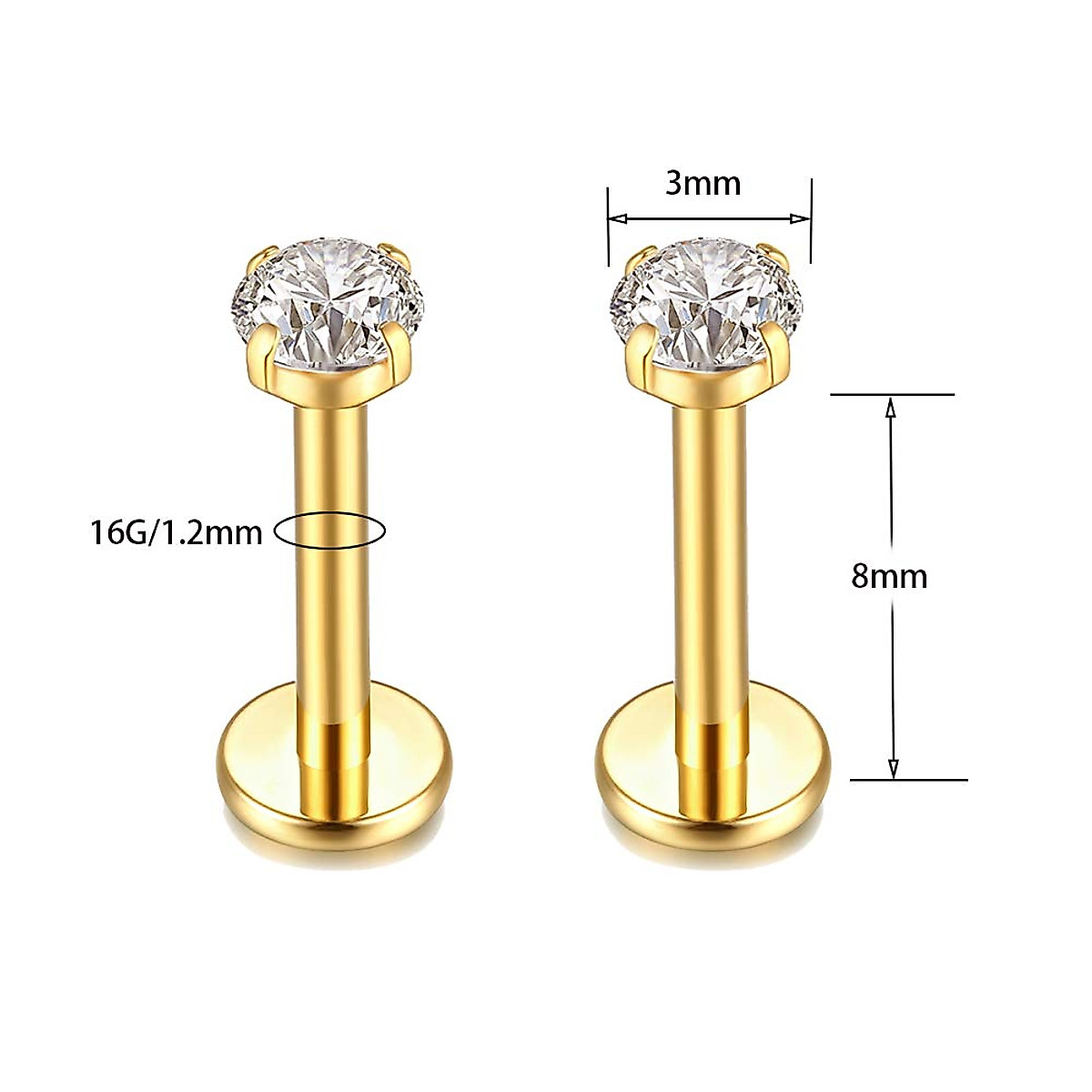 KaseStyle G23 Titanium Labret Studs 16G Lip Studs Earring Piercing Internally Threaded CZ Top Labret Monroe Helix Cartilage Tragus Piercing Studs-8mm 2 pairs gold triple&round CZ