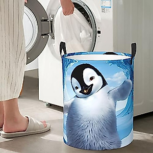 Cute Penguins Baby Taking Pictures Laundry Basket Protable Circular Laundry Hamper Storage Bin Organizer With Handles For Bathroom,Bedroom Clothes