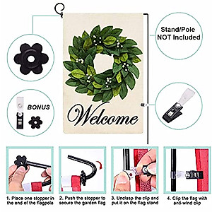 Baccessor Spring Summer Welcome Wreath Garden Flag Magnolia Leaves Small Yard Flag Vertical Double Sided Burlap Farmhouse Seasonal for Lawn Outdoor Outside Decoration 12 x 18 Inch