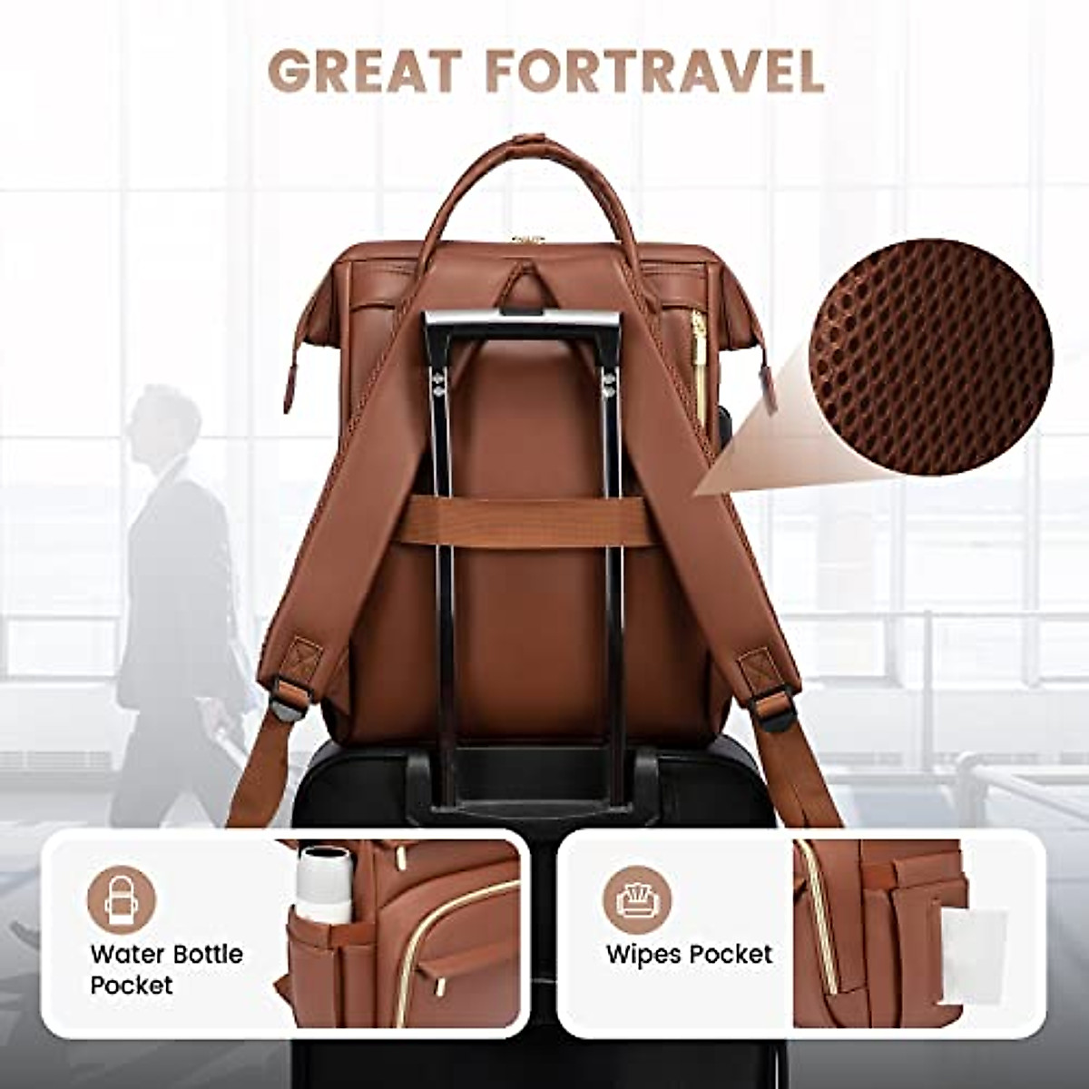 LOVEVOOK Leather Laptop Backpack for Women 15.6 inch,Travel Backpack Purse Nurse Teacher Backpack Computer Laptop Bag,Professional College Business Work Bags Carry On Backpack with USB Port,Brown