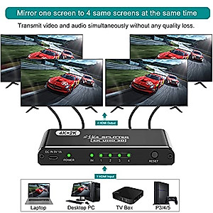 Movcle HDMI Splitter 1 in 4 Out, 4K HDMI Splitter for Dual Monitors/Mirror, Supports 4Kx2K@30Hz 3D Full HD 1080P for Xbox PS4 Blu-Ray Player Fire Stick Roku Apple TV (1 Source onto 4 Displays)