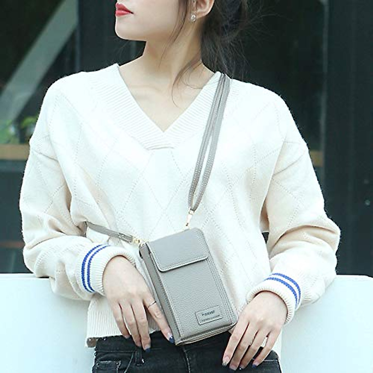 FFpaw Small Cellphone Shoulder Bag Lightweight Leather Crossbody Phone Purse RFID Blocking Card Holder Wallet Handbag for Women(Gray)