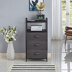 OLD CAPTAIN 3 Drawer Fabric Dresser with Charging Socket Tall Nightstand for Bedroom,Black+Dark Grey