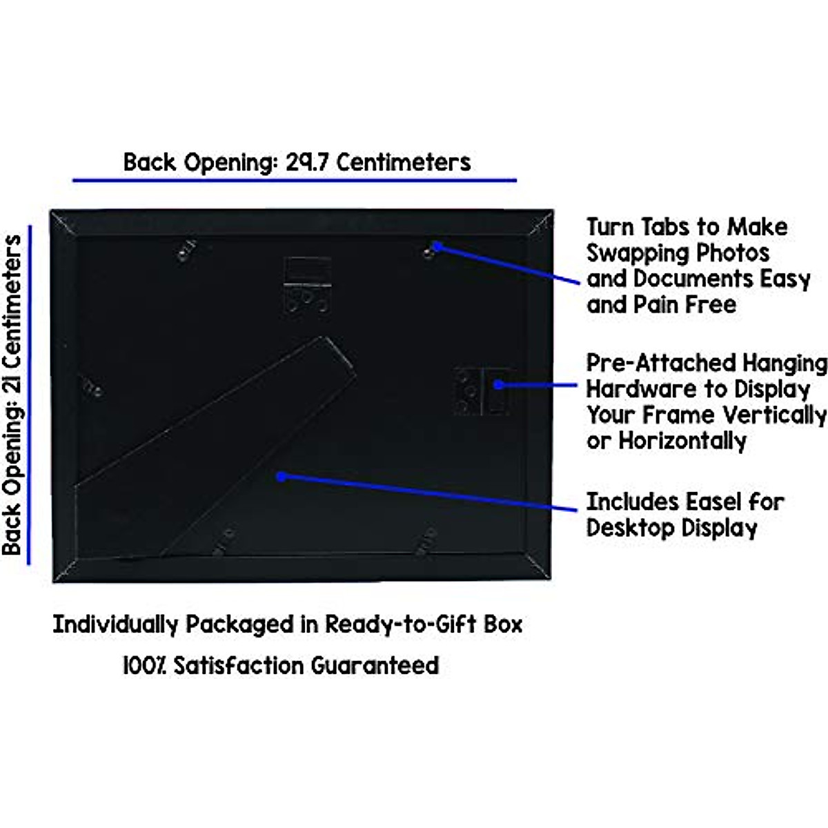 A4 Black Wood 21 x 29.7 cm Picture Frame with 13.8x20cm Mat - Includes Hanging Hardware and Easel - Real Glass - Horizontal and Vertical for Wall or Tabletop - International Size - 8.3x11.7 Inch