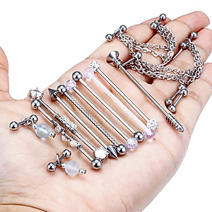 Dyknasz 14G Stainless Steel Industrial Earrings with Chain Dangle Industrial Piercing Jewelry Double Cartilage Forward Helix Earring Industrial Barbell for Women Men