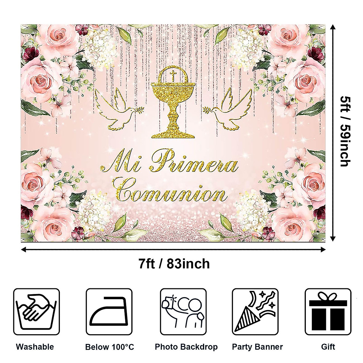 Avezano Mi Primera Comunion Backdrop Girls First Holy Communion Baptism Decorations Gold Grail God Bless Party Baby Shower Background (7x5ft, 83x59inch, Pink)