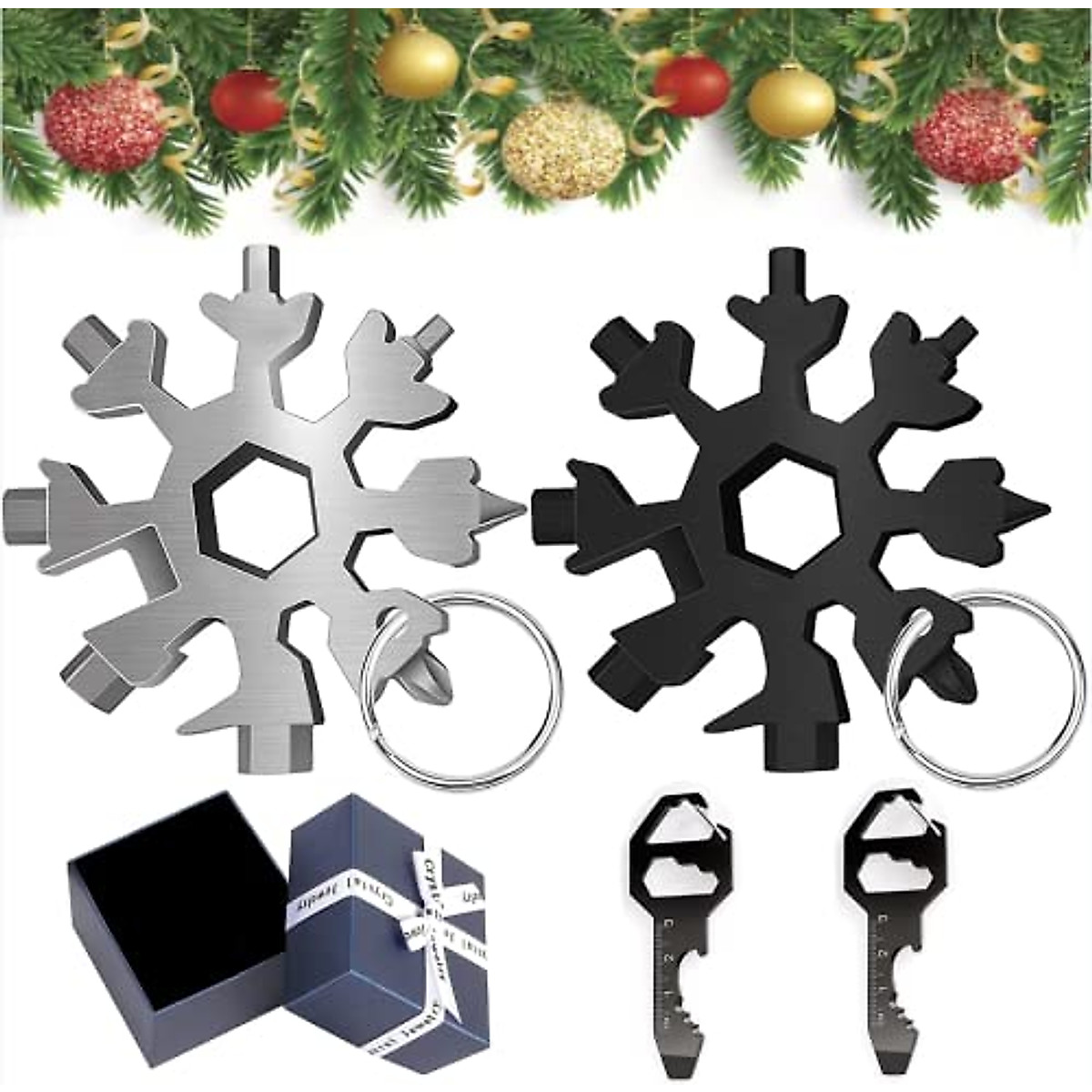 OOYCYOO 2 Pack Snowflake 18-in-1 Multi Tool, Christmas Stocking Stuffers for Men Women,Stainless Steel Snowflake Key Chain Tool Flat Phillips Screwdriver Kit,Great Christmas gift (Black,Silver)