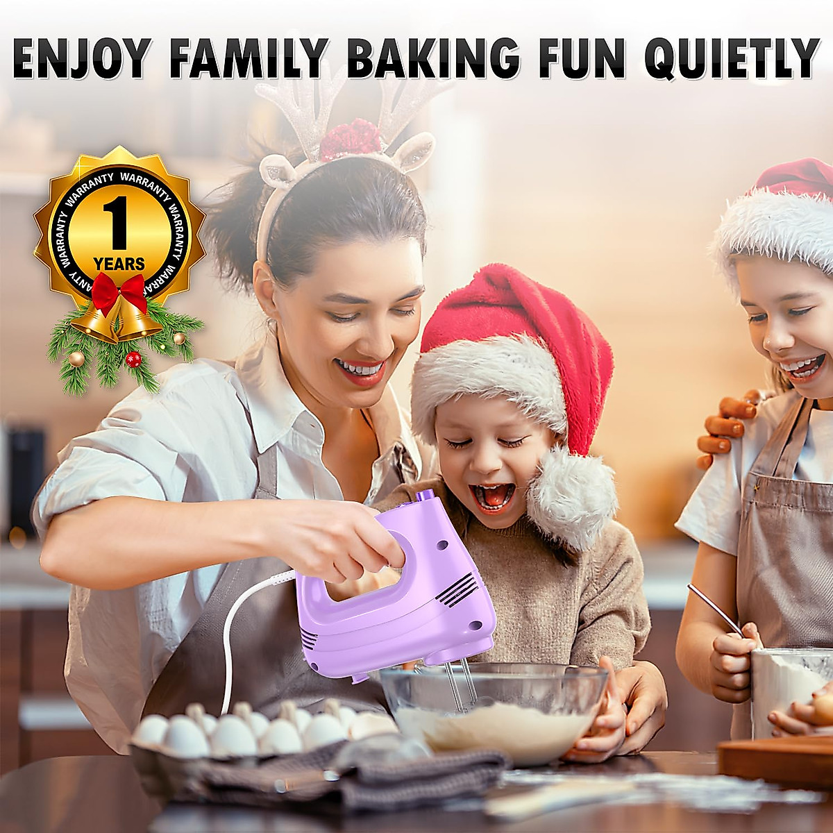 Electric Hand Mixer with Stainless Steel Whisk, Dough Hook Attachment and Storage Bag, Handheld Mixer for Baking Cakes, Eggs, Cream Food Mixers. Turbo Boost /5 Speed Kitchen Blender PURPLE