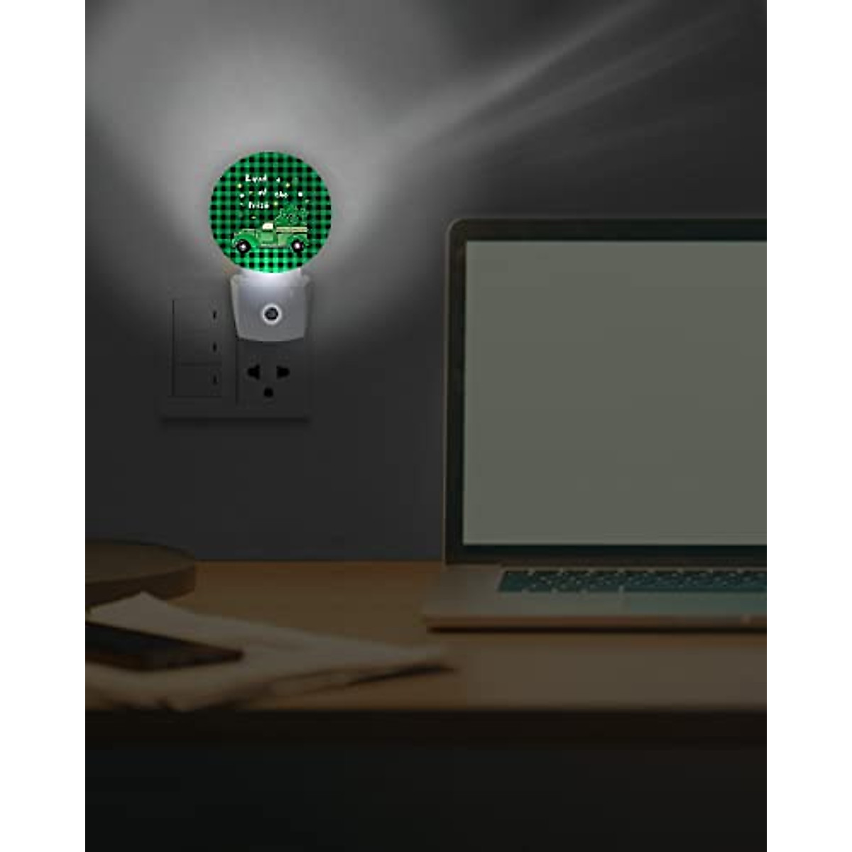 Green Truck Buffalo Plaid Night Lights Plug into Wall, St. Patrick's Day Auto Round LED Lights with Dusk to Dawn Sensor for Bedroom, Bathroom, Hallway, Kitchen, Kids, Home Decor