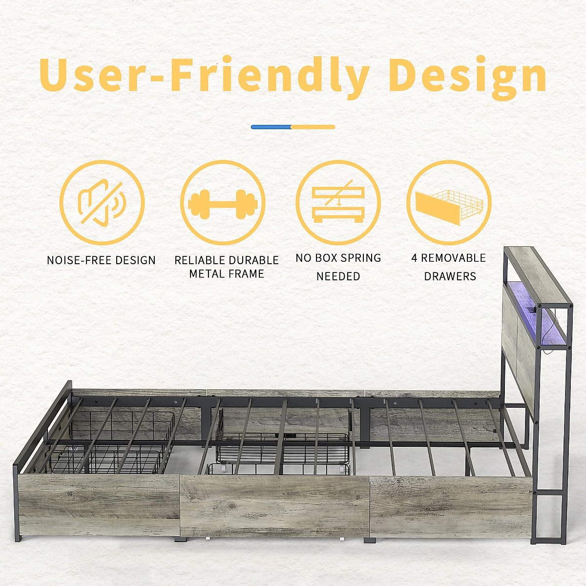 HAUSOURCE Queen Bed Frame with Storage Headboard and 4 Drawers LED Lights Metal Platform Non-Slip Without Noise Mattress Foundation Strong Metal Slats Support No Box Spring Needed,Greige