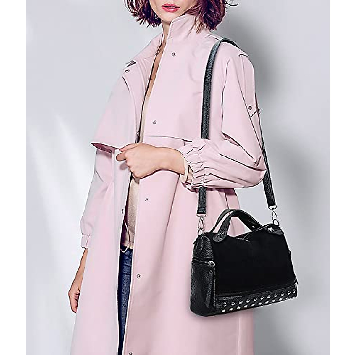 XACKWUERO Women Fashion Classic PU Leather Bag Rivet Studded Crossbody Bag Tote Shopping Shoulder Handbag (Black)