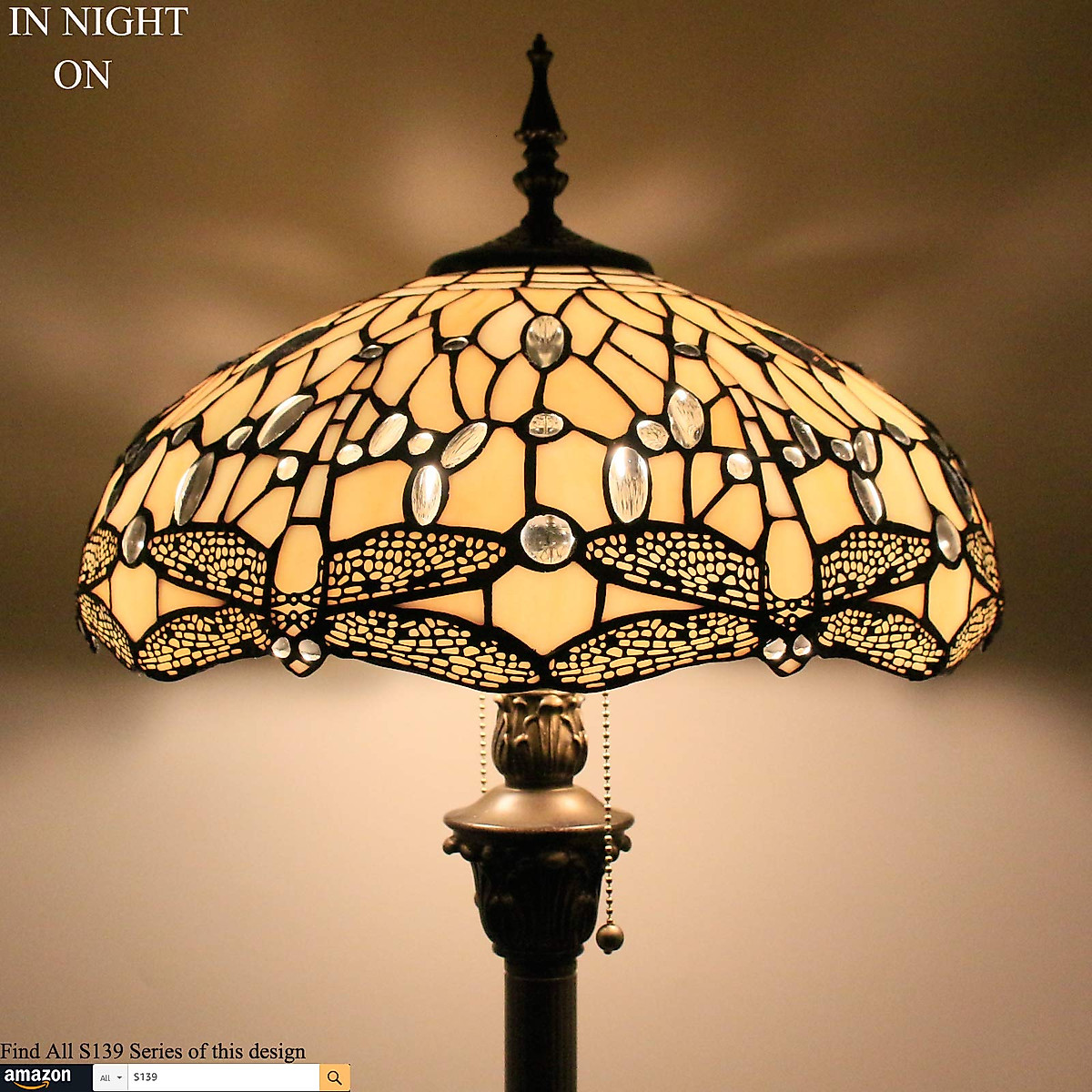 WERFACTORY Tiffany Floor Lamp Dragonfly Cream Stained Glass Standing Reading Light 16X16X64 Inches Antique Pole Corner Lamp Decor Bedroom Living Room Home Office S139 Series