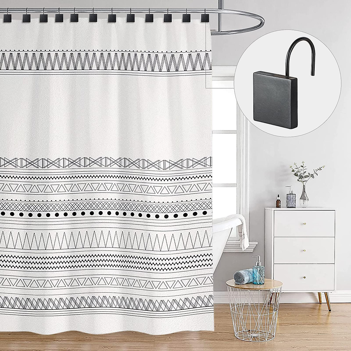 Sunlit Geometric Decorative Shower Curtain Hooks, Matte Square Geometric Black Shower Curtain Rings, Resin, Bathroom Decoration Boho Shower Curtain Hooks-12 Pack