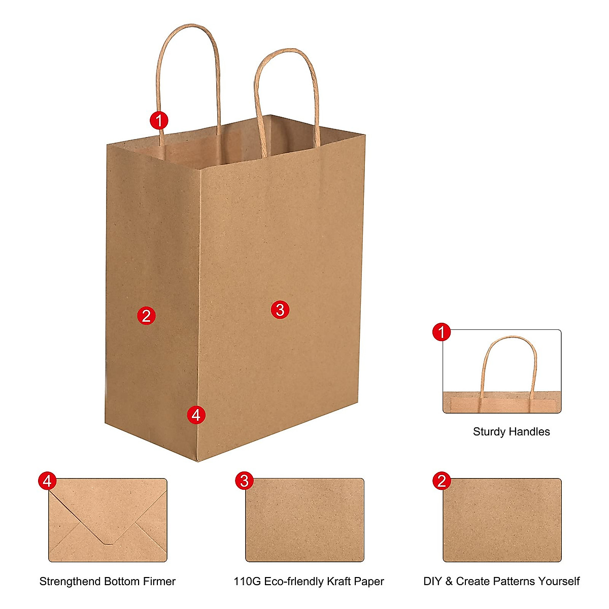 Brothersbox Brown Paper Bags with Handles Bulk 100PCS Kraft Paper Bags, 8 * 4.76 * 10 Inch Medium Craft Paper Gift Bags for Birthday Party Grocery Retail Shopping Business