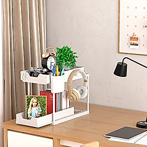 Jincancan Under Sink Organizers and Storage - Double Sliding Under Sink Organizers and Storage - 2 Tier Under Cabinet Organizer with 4 Hooks, Hanging Cup, Under Sink Storage for Kitchen (White)