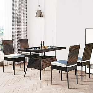 Toolsempire 5 Pieces Patio Wicker Dining Set Outdoor Furniture, Outdoor Rattan Table and Chairs with Tempered Glass Table-top & Padded Cushions, Patio Furniture Sets for Backyard, Balcony(Brown)