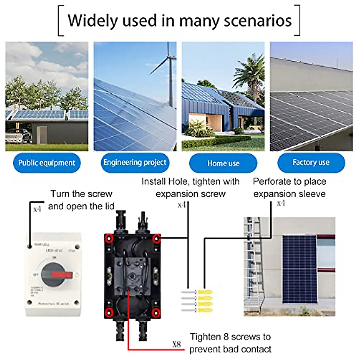 Solar Combiner Box, 1500V DC 32A 4P IP66 Waterproof Insulated Switch Professional Power Solar PV DC Quick Disconnect Switch for Solar Power System RV Boats (Proctive)