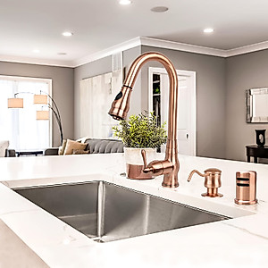 Copper Kitchen Faucet with Soap Dispenser, Single Handle Solid Brass High Arc Pull Down Sprayer Head Kitchen Sink Faucets with Deck Plate