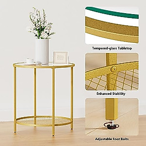 CADANI End Table, Glass Side Table with Open Storage, 2-Tier Gold Accent Table with Sturdy Metal Frame, Modern Round Coffee Table for Living Room, Bedroom, Balcony, Patio