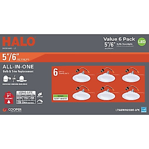HALO 6 inch Recessed LED Can Light – Retrofit Ceiling & Shower Downlight – 3000K - Baffle White Trim (6 Pack)