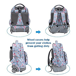 SKYMOVE 18 inches Wheeled Rolling Backpack Multi-Compartment Elementary Books Laptop Roller Bag Short Trip Carry-on for Women and Girls, Light Blue Flowers