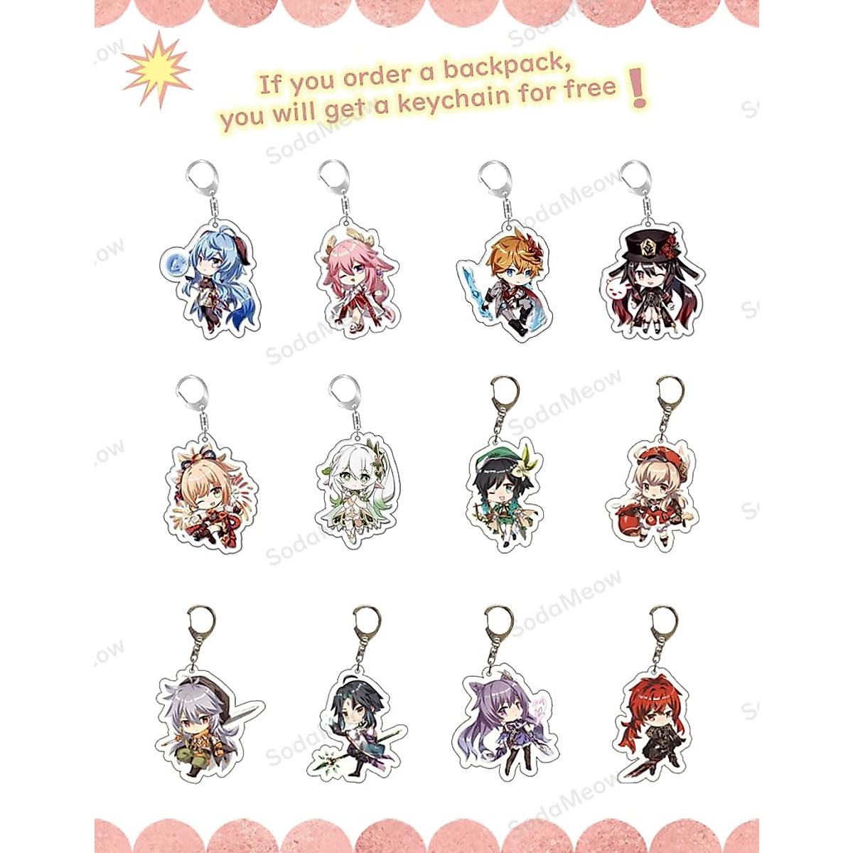 SodaMeow Genshin Impact Backpack Unisex Venti Klee Rucksack Hu Tao Xiao Bag with USB Charging Port, Free Keychain (Pink-A03)