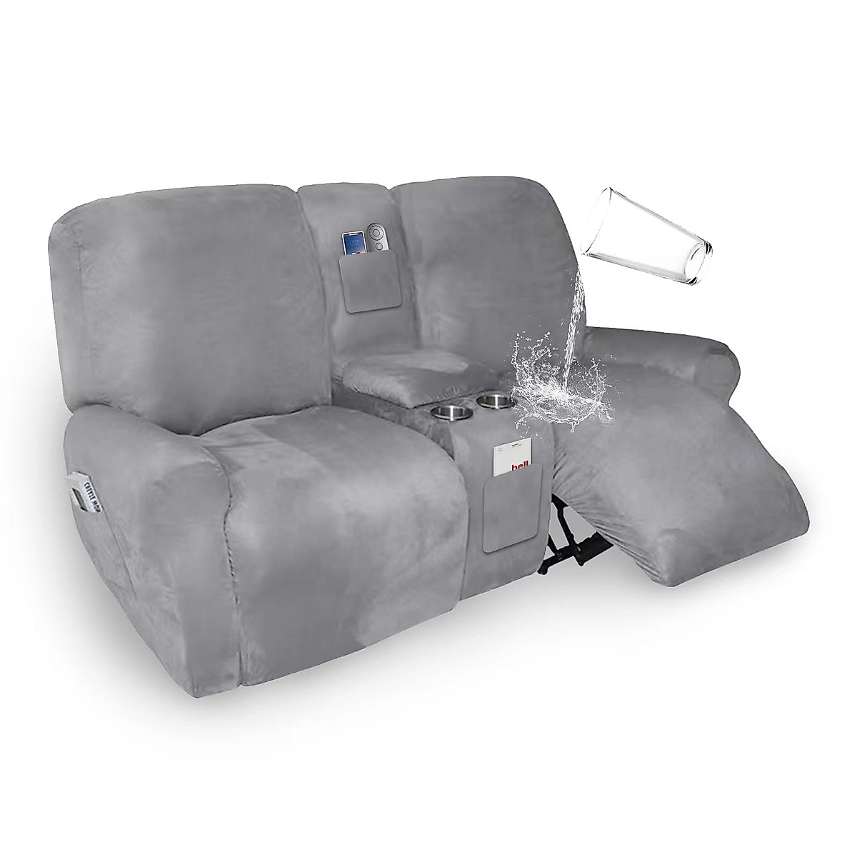 ZPUGUT Loverseat Slipcovers, Waterproof Recliner Slipcovers Double Recliner armrest Sofa Cover, Velvet Eight-Piece Set, Recliner Sofa Cover, Add Multifunctional Convenient Pocket (Gray)