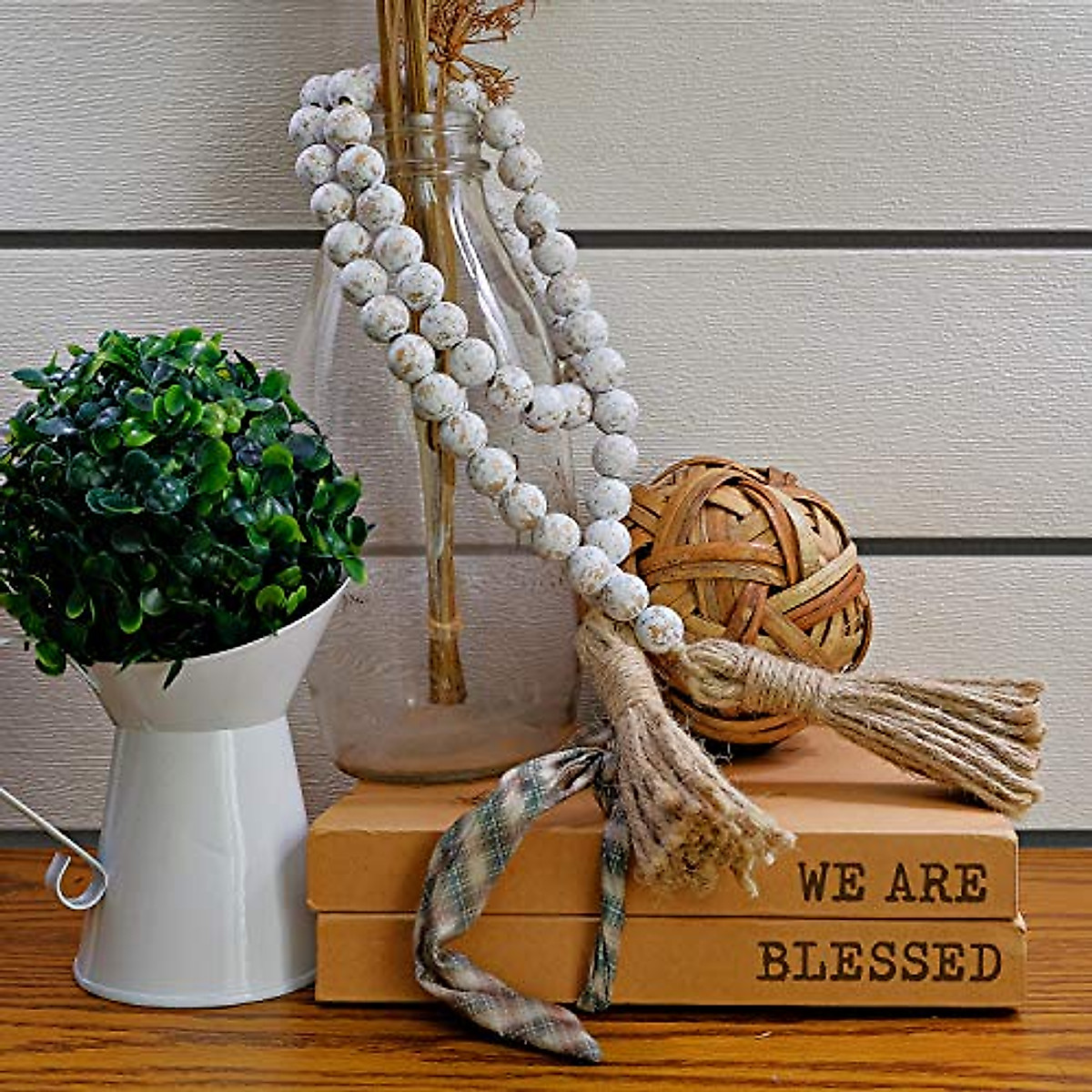Farmhouse Wood Bead Garland Home Decor, Natural Wooden Garland for Tiered Tray, Decorative Tassel Garland for Tier Tray, Rustic Beads Centerpiece Boho Table Decor, Garland Beaded Accent White Washed