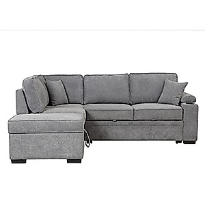 Polibi 5-Seat Sleeper Sofa Bed with Storage Ottoman, USB Charging Ports, Cup Holder on Armrest and 2 Pillows, L-Shape Convertible Pull-Out Sofa Upholstered Couch for Living Room, Grey