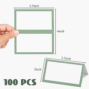 Whaline 100Pcs Sage Green Place Cards 3.5 x 2 Inch White Blank Tented Cards Wedding Seating Cards for Party Table Setting Supplies