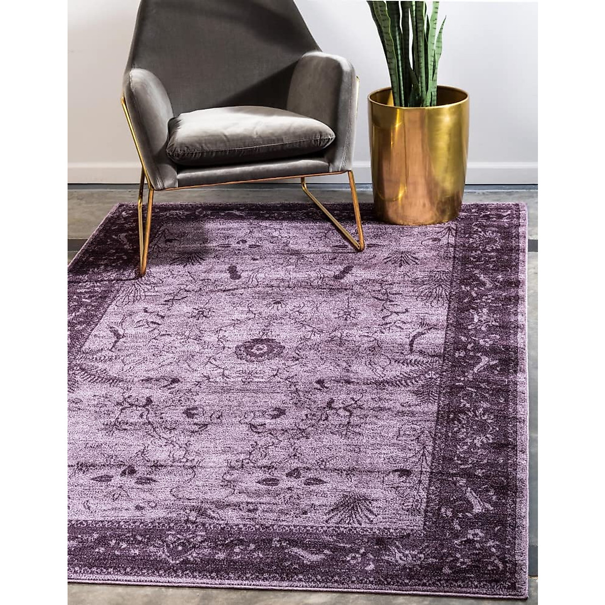 Unique Loom La Jolla Collection Farmhouse, Contemporary, Botanical, Traditional, Vintage Area Rug, 4 x 6 ft, Violet/Dark Purple