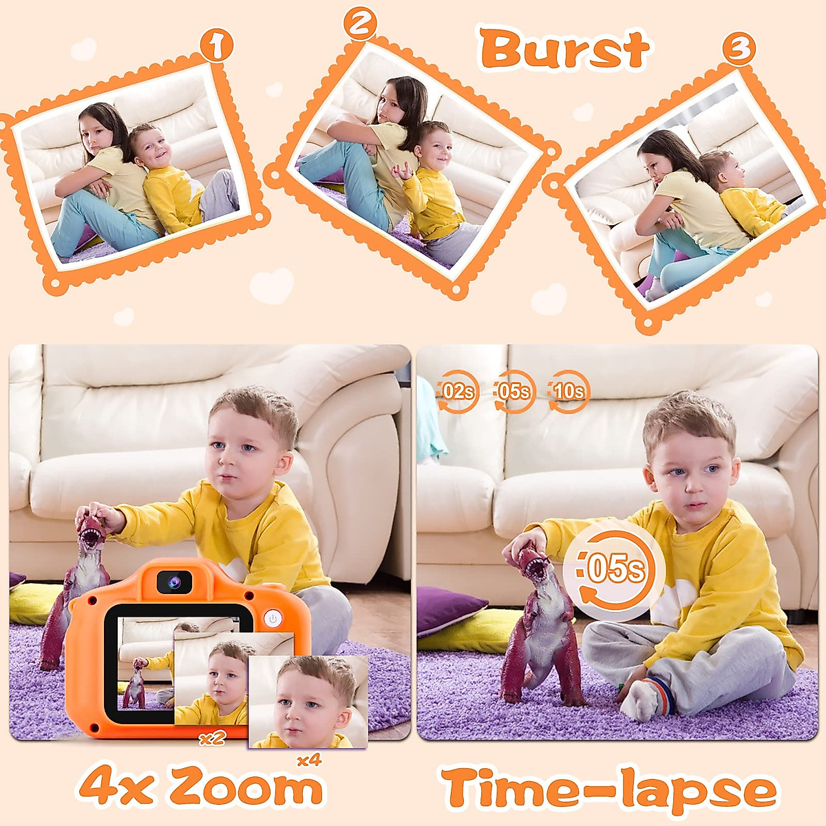 PROGRACE Kids Camera for Boys Girls - Dual Selfie Mini Children Camera Age 3 4 5 6 7 8 9 Year Old Kids Camcorder Birthday 𝗚𝗶𝗳𝘁 for Girls Boys Toy Camera for Kids Video Camera Recorder Orange